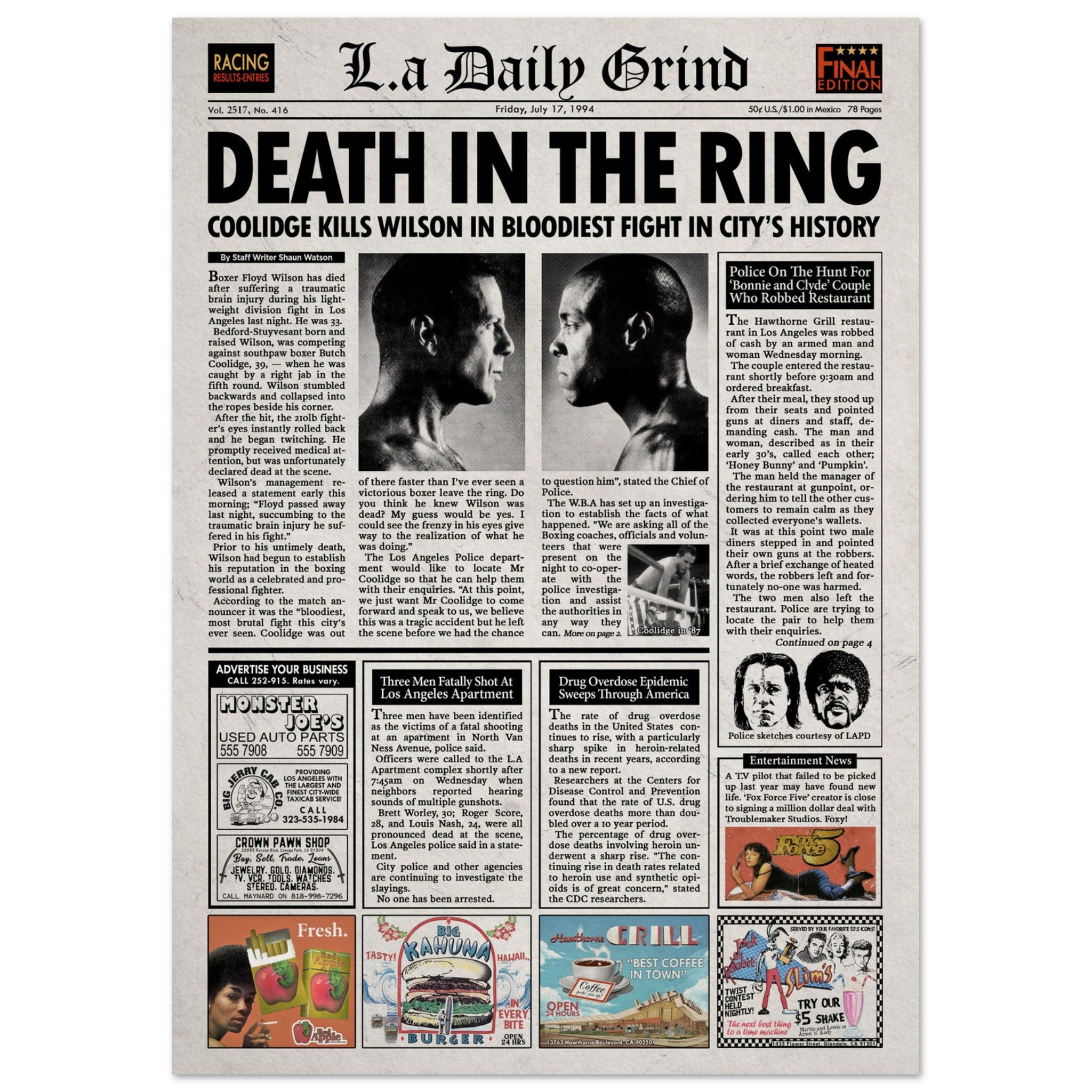 Pulp Fiction Newspaper Poster Print – CultClippings